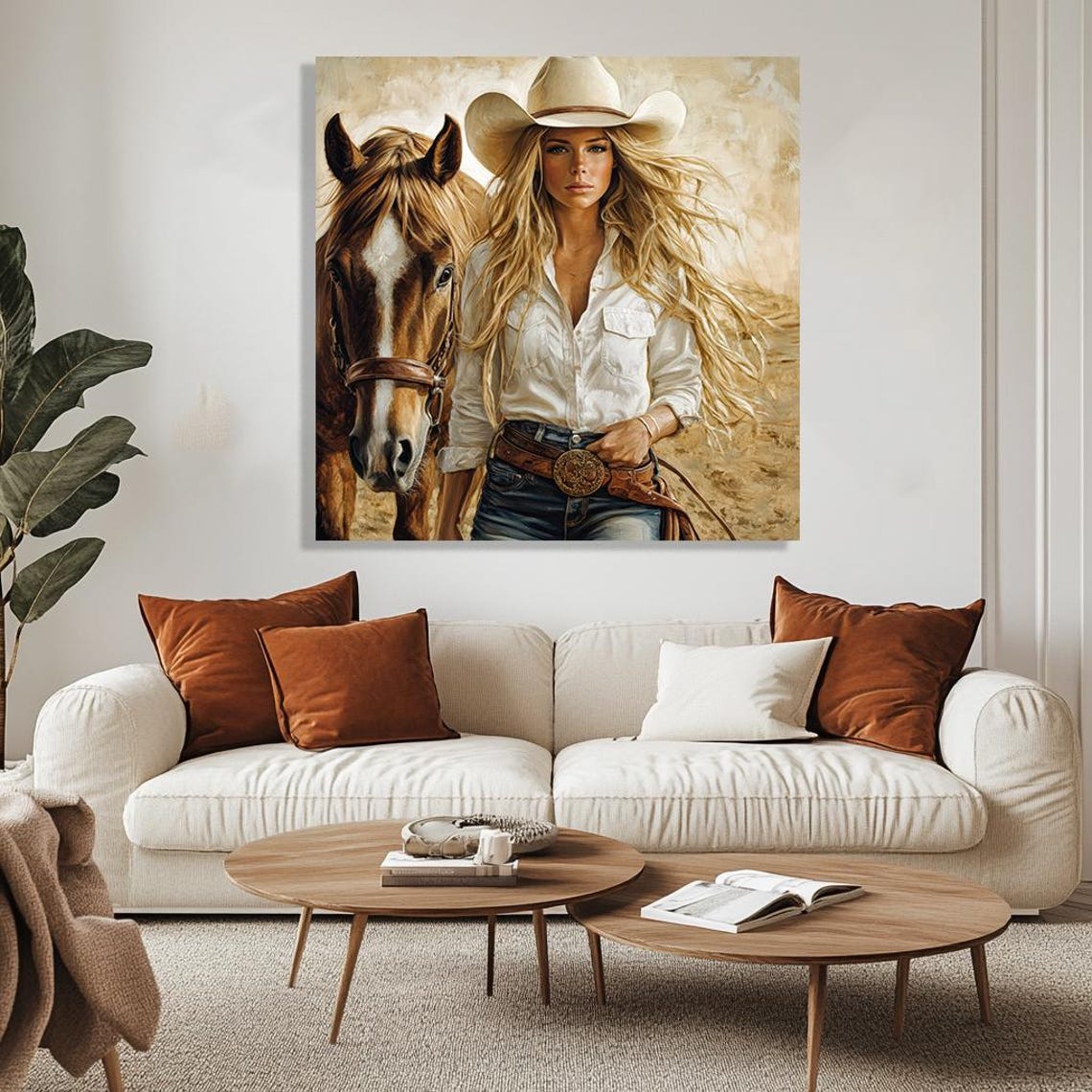 Western Cowgirl With Horse Canvas Wall Art. Rustic Country Wonan Print ...