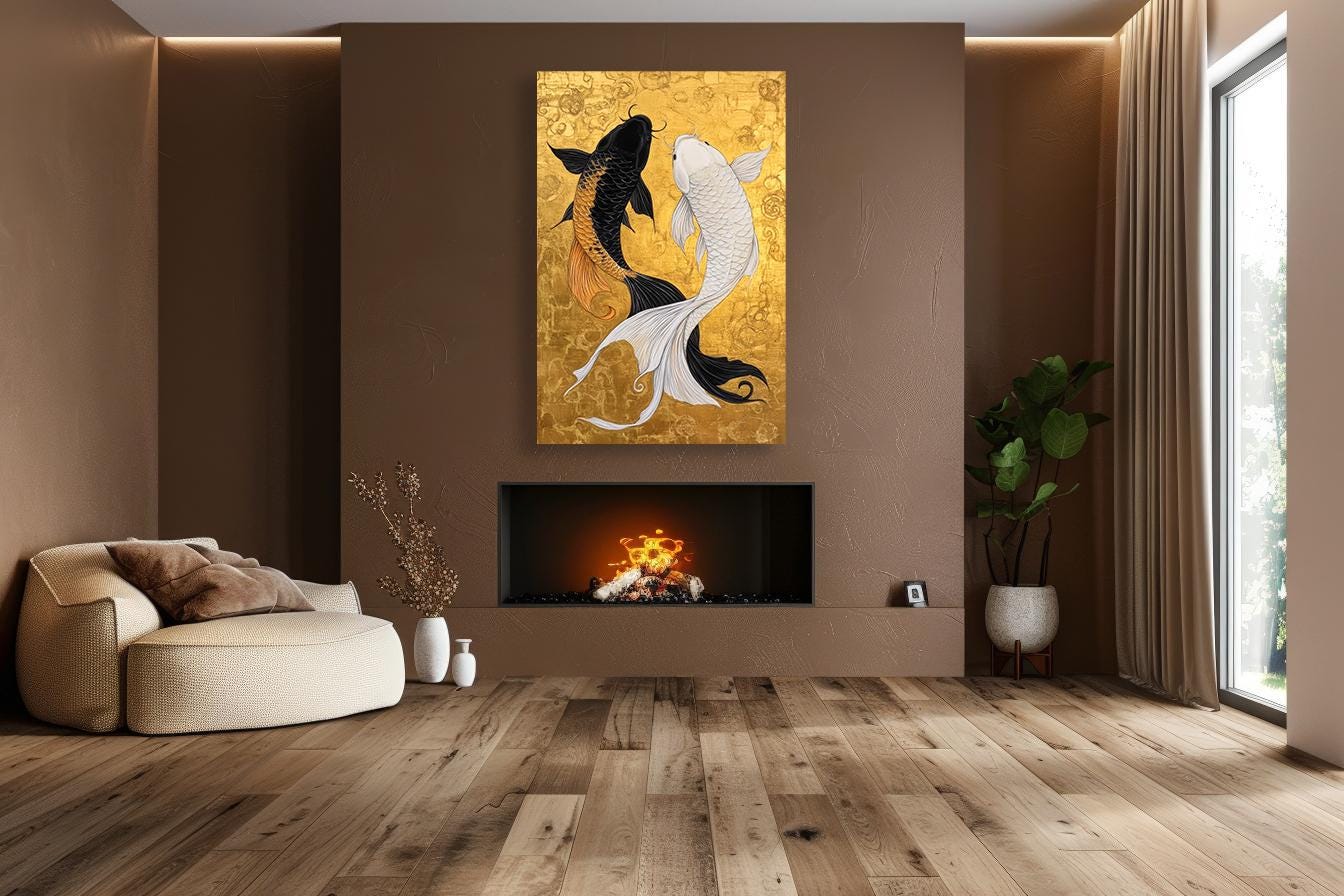 White, Black Japanese Koi Carp, Symbol of Success, Happiness, Wall Art ...