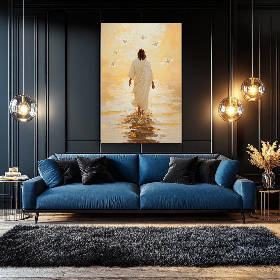 Jesus in White Robes Walking on Water, Canvas Print. Son of God Walks ...