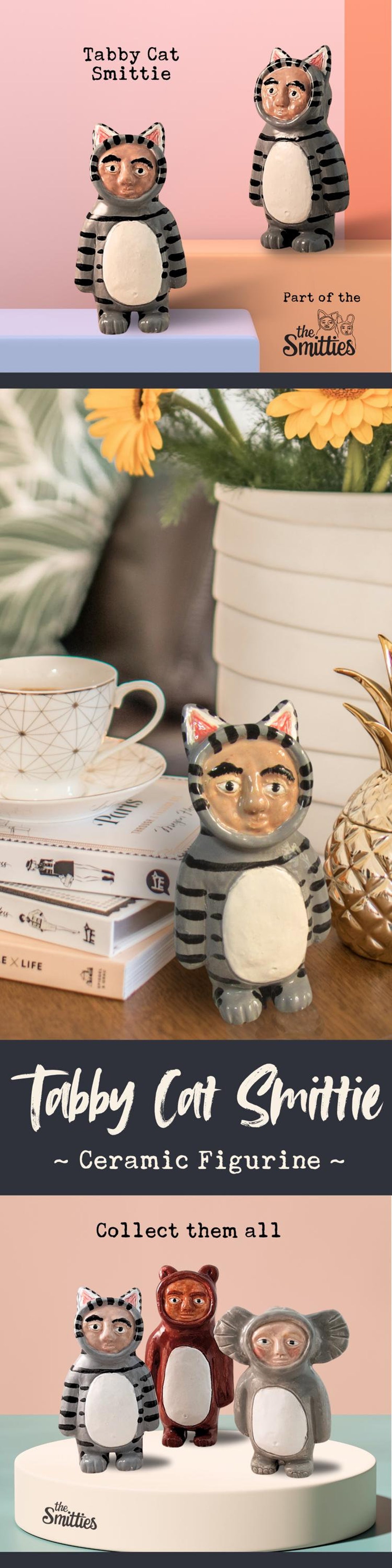 Handmade Tabby Cat Ceramic Figurine for Colorful Home Maximalist Decor ...