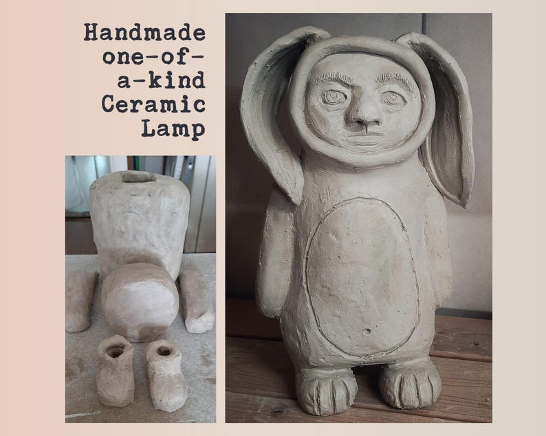 Table Lamp Floppy-eared Grey Rabbit Ceramic Desk Lamp Handmade Bunny ...