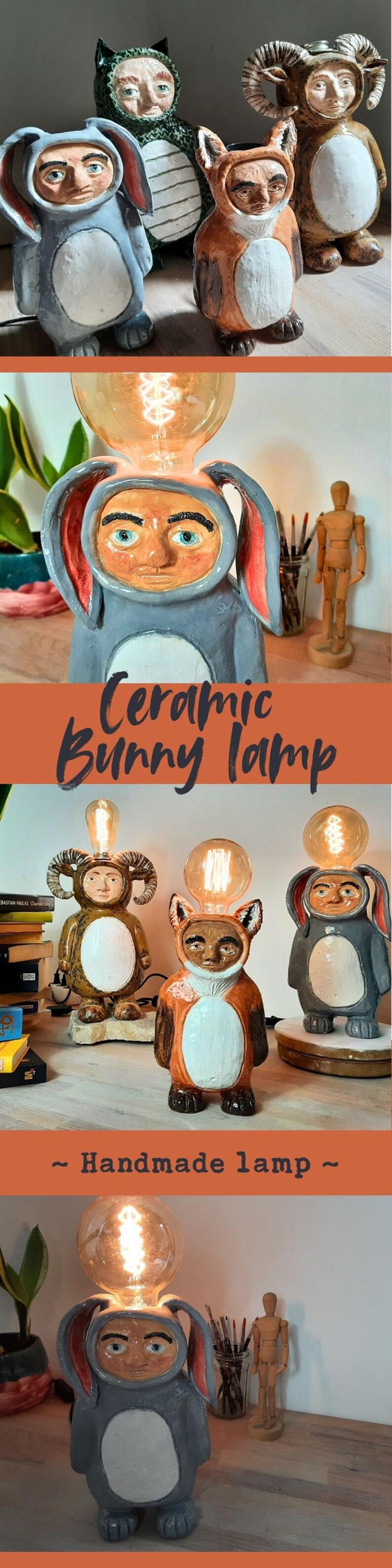 Table Lamp Floppy-eared Grey Rabbit Ceramic Desk Lamp Handmade Bunny ...