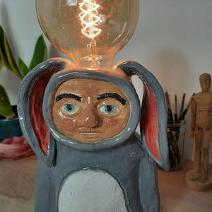 Table Lamp Floppy-eared Grey Rabbit Ceramic Desk Lamp Handmade Bunny ...