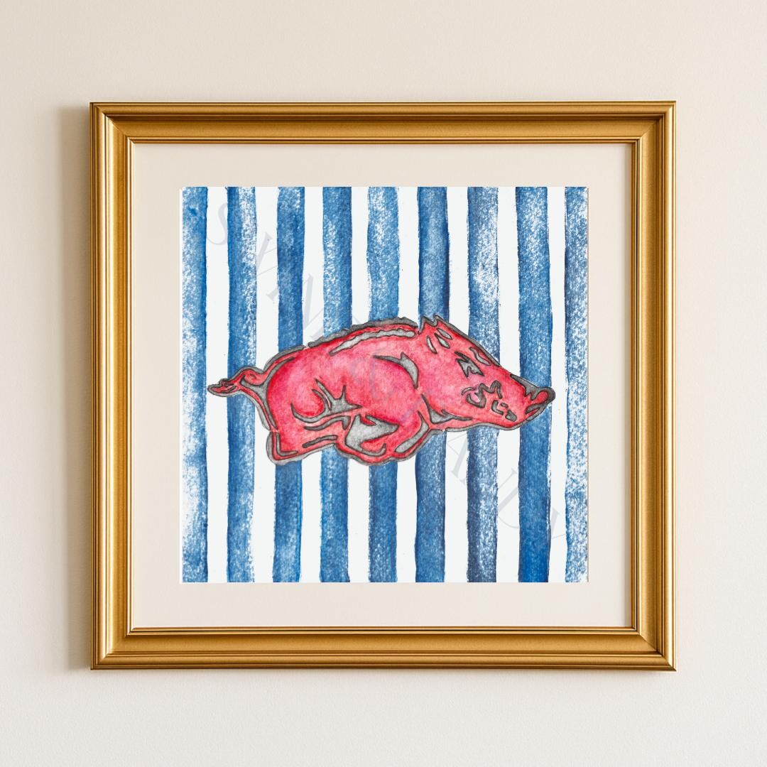 Digital Download | Watercolor Razorback Print | 12x12 Navy Striped Wall ...
