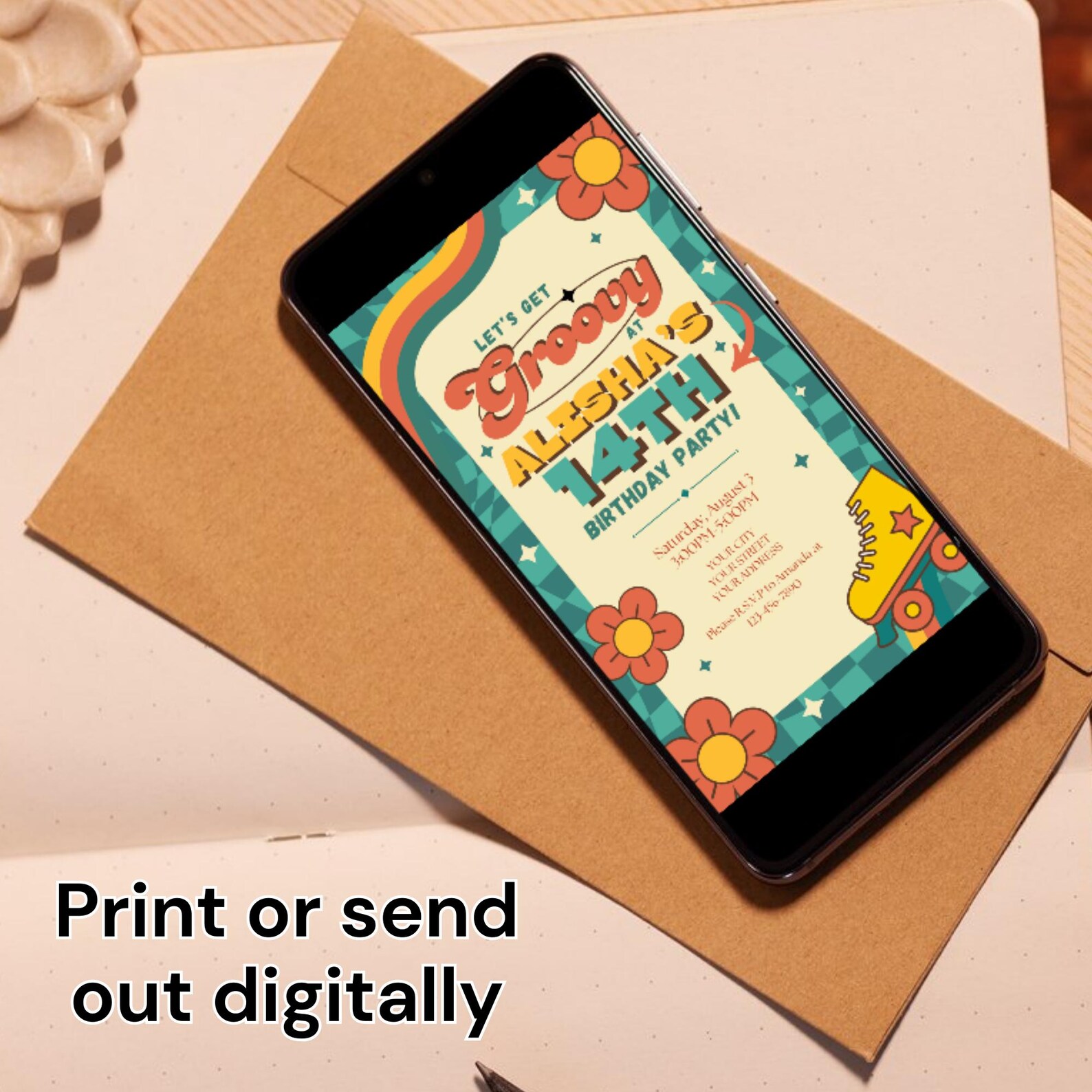 Editable Retro Birthday Party Invitation, Groovy 60s Checkered Roller ...