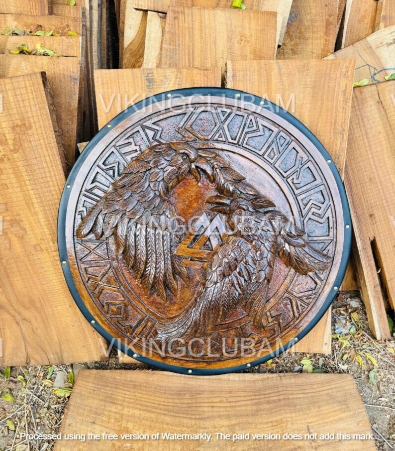 Handmade Viking Shield – Fenrir Wolf & Raven Design, Medieval Wooden ...