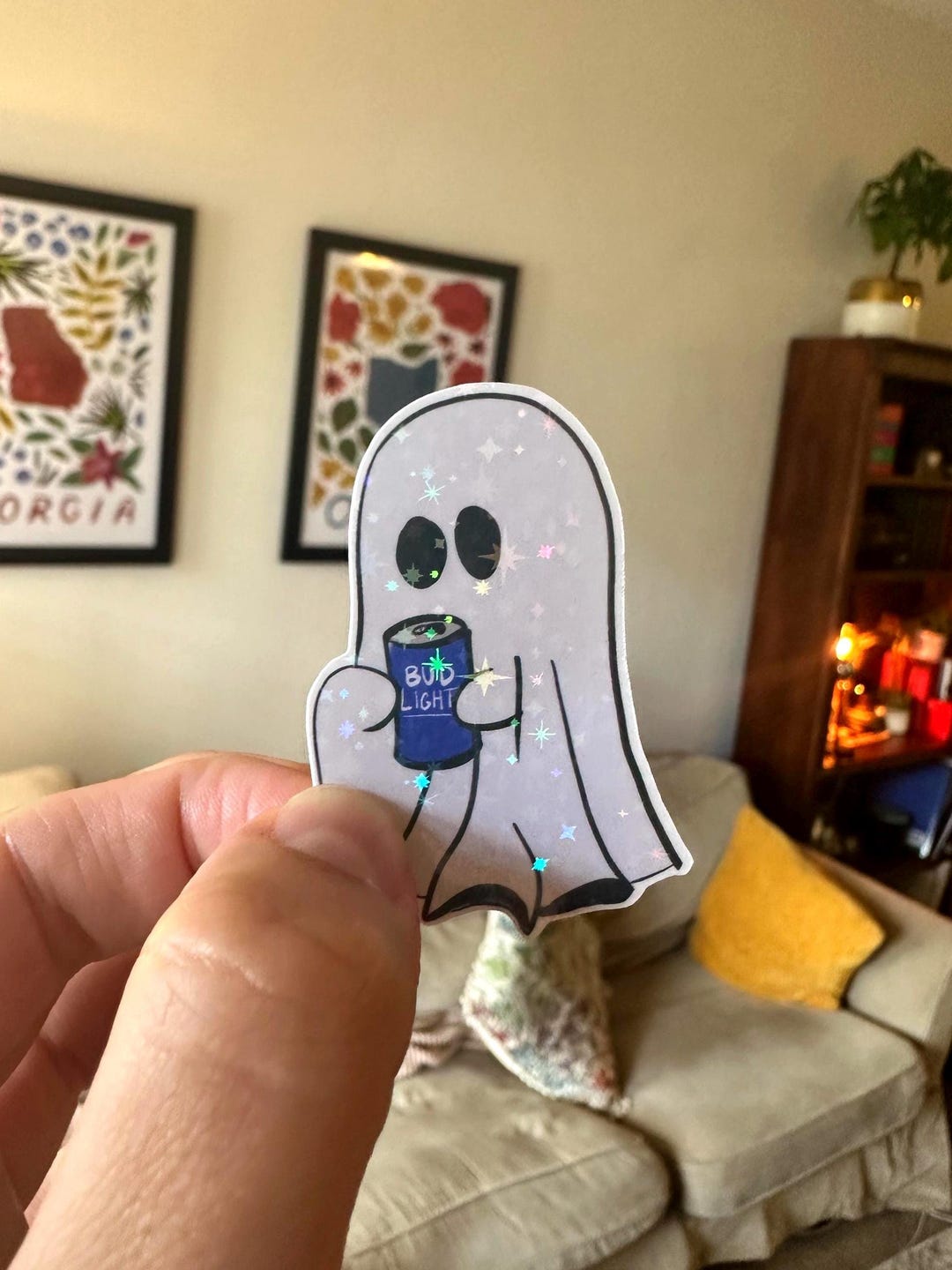 Holographic Bud Light Ghost Sticker, Shiny Spooky Beer Sticker ...