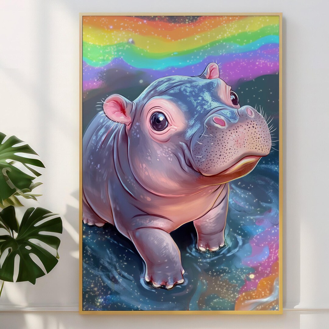 Moo Deng, Baby Pygmy Hippo, Cute Pygmy Hippo Rainbow Art, Print, Mini ...