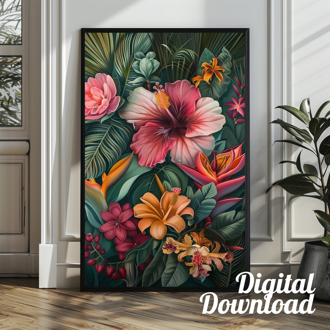 Digital Tropical Hawaiian Flower Art - Vibrant Hibiscus, Plumeria ...