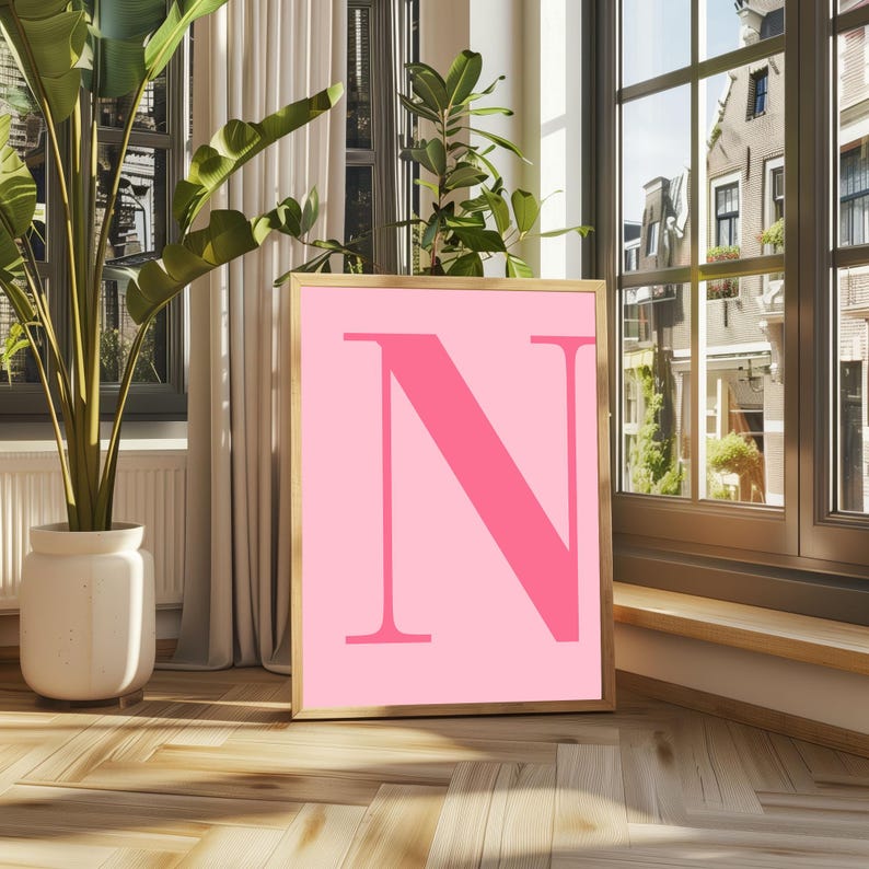 Letter N Poster, Pink Wall Art, Cute Pink Alphabet Print, Dorm Room ...