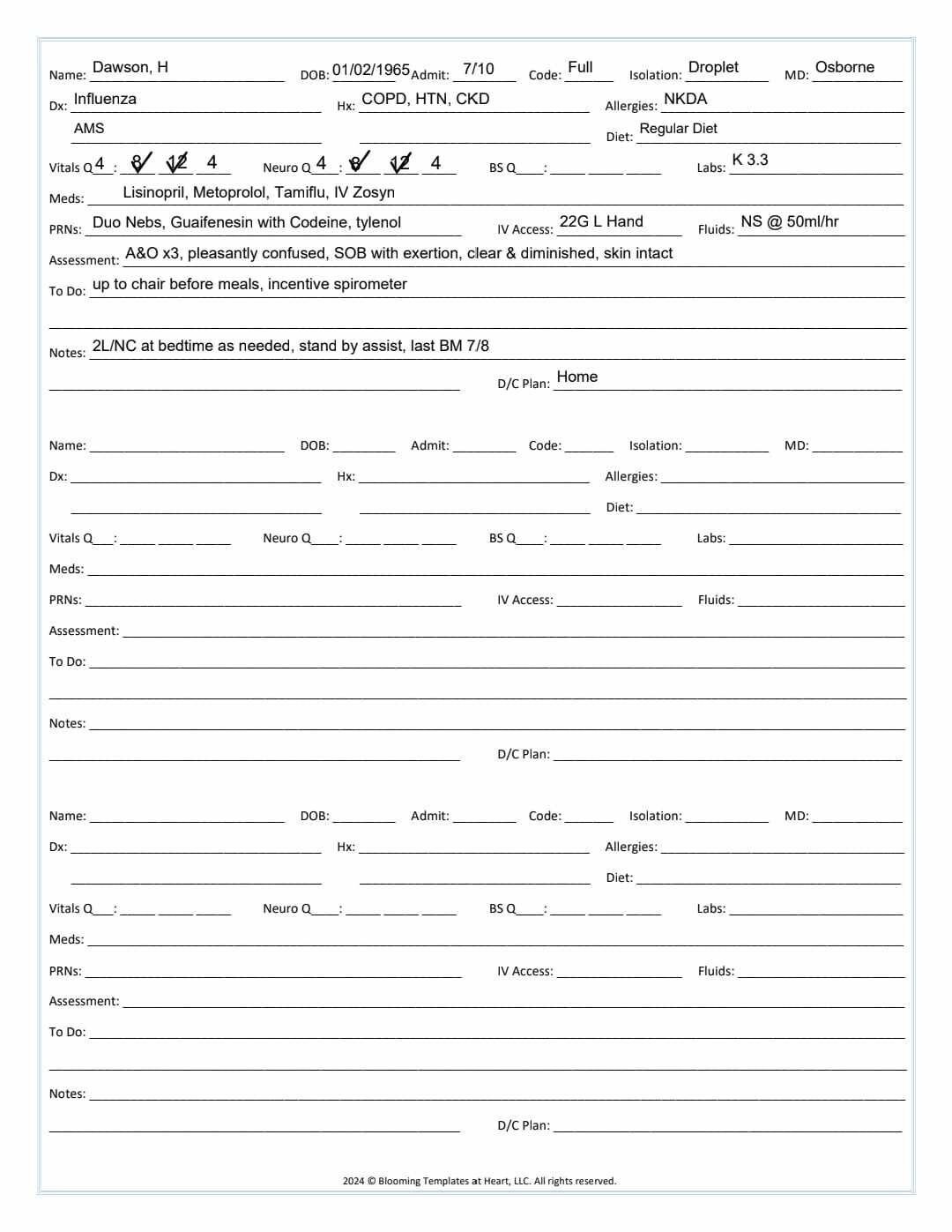 Simple Nursing Assignment Sheet For Up To 3 Patients Etsy 1881