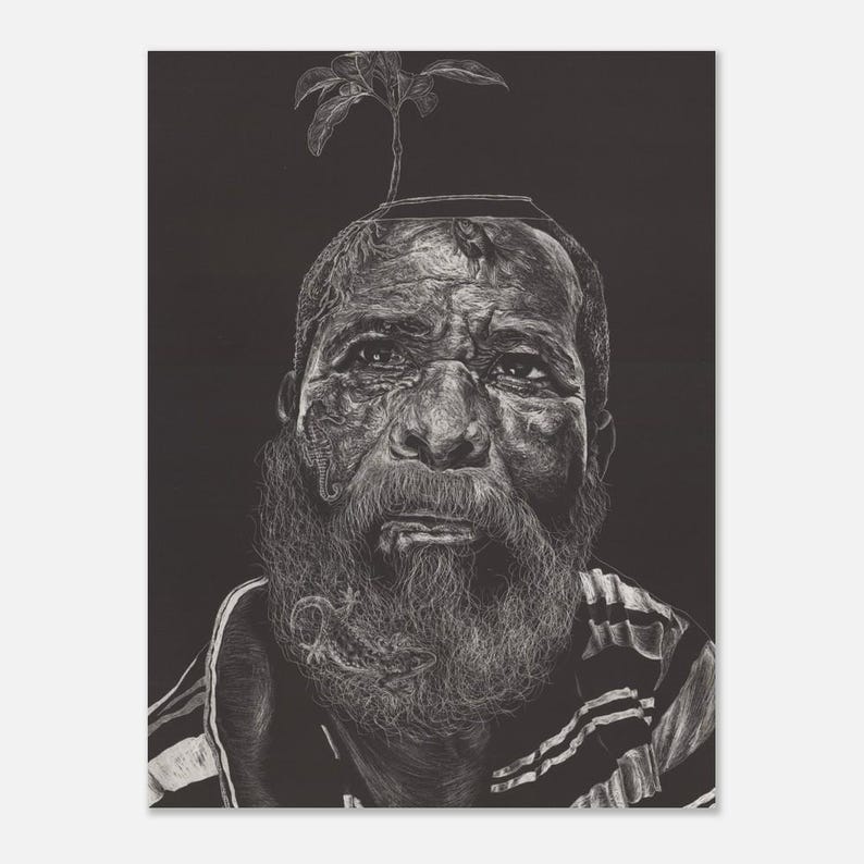 Fish Head | Surreal Portrait | Black & White | Scraperboard Art Print ...