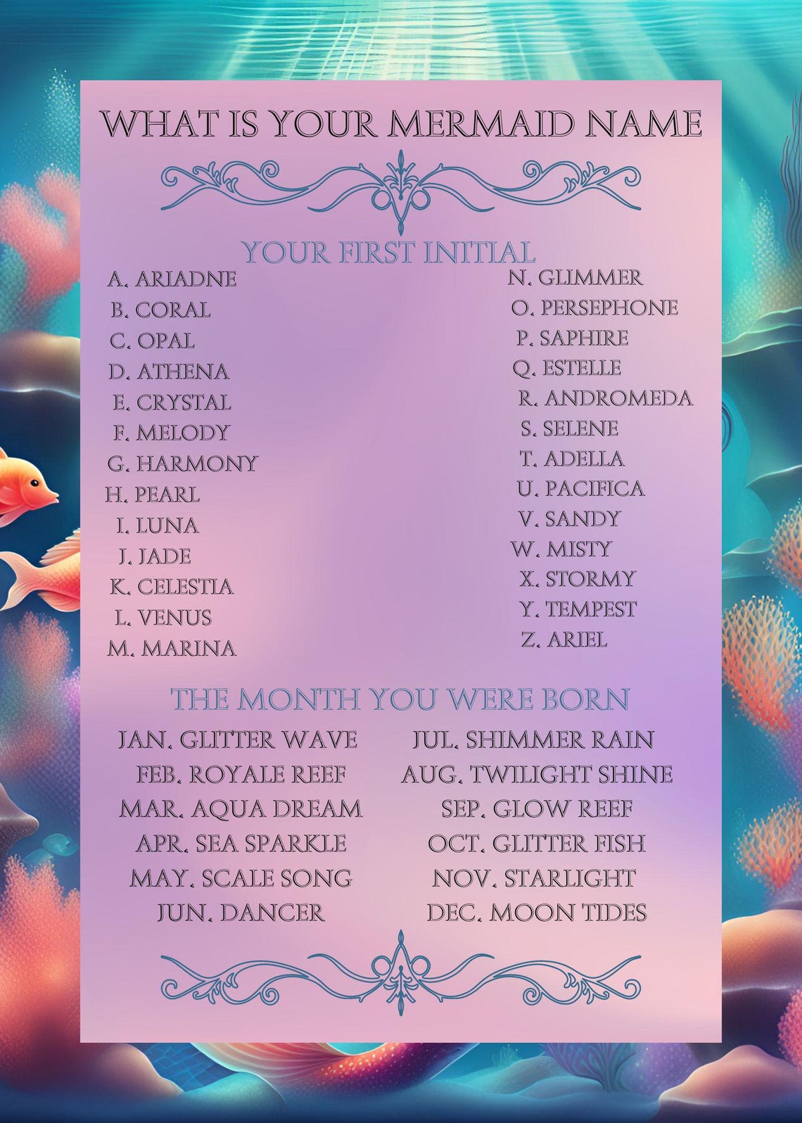 Printable Mermaid Name Chart - Etsy