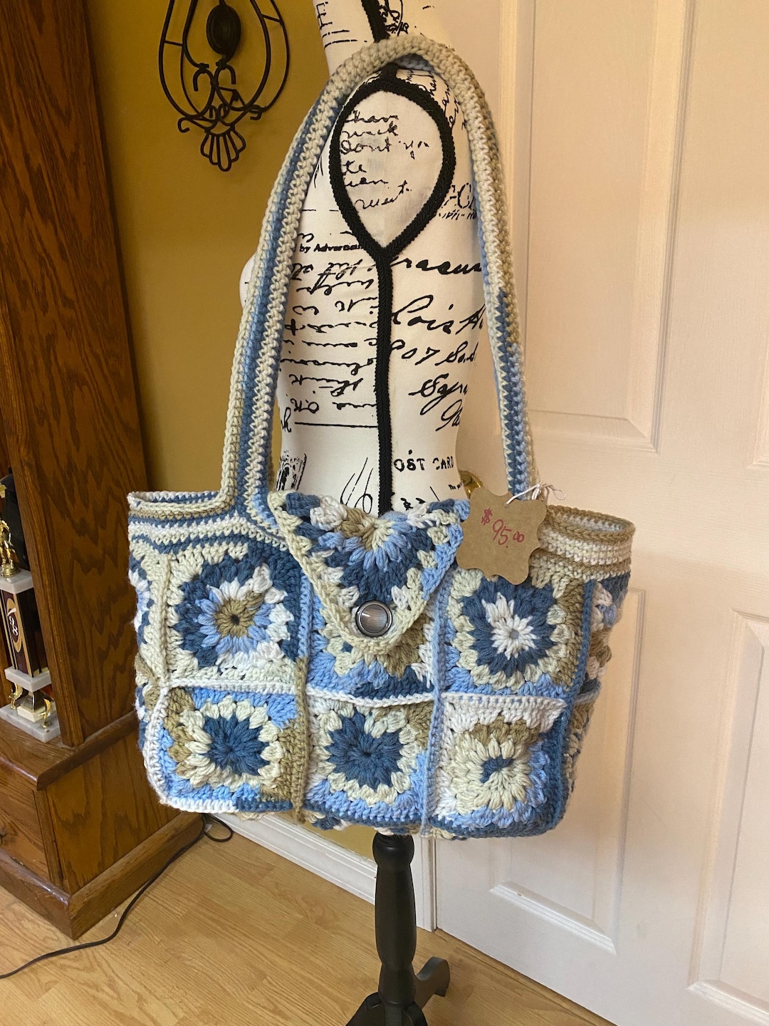 Large Blue Multi-color Granny Square Block Tote - Etsy