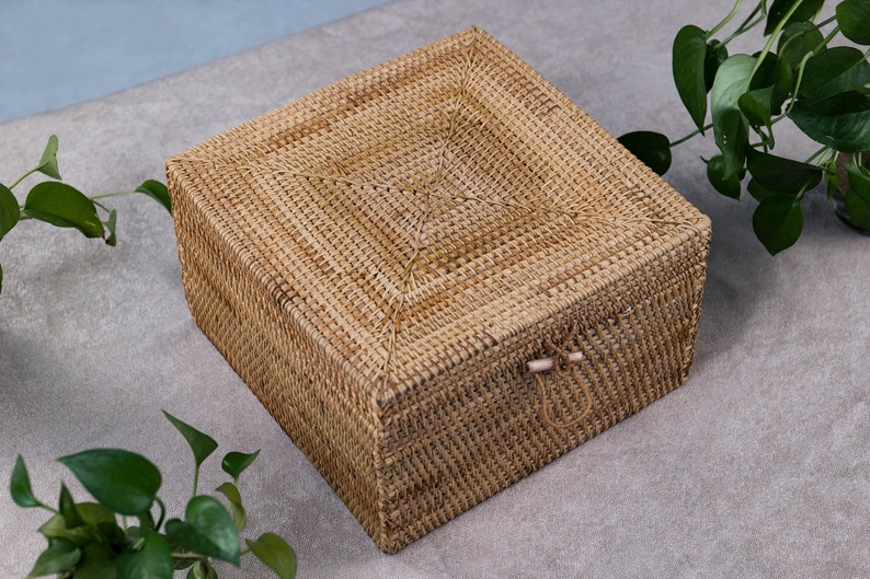 Handwoven Rattan Storage Basket With Lid | Square Rattan Storage Box ...