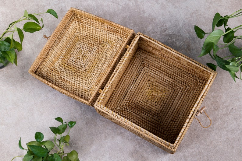Handwoven Rattan Storage Basket With Lid | Square Rattan Storage Box ...