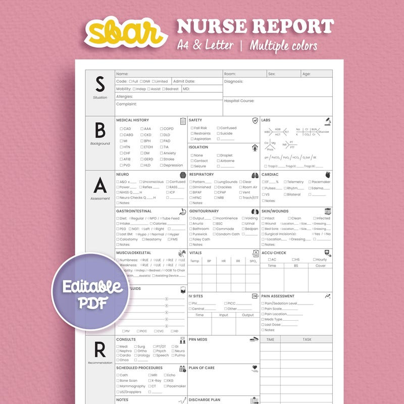 Sbar Nurse Report Sheet - Etsy
