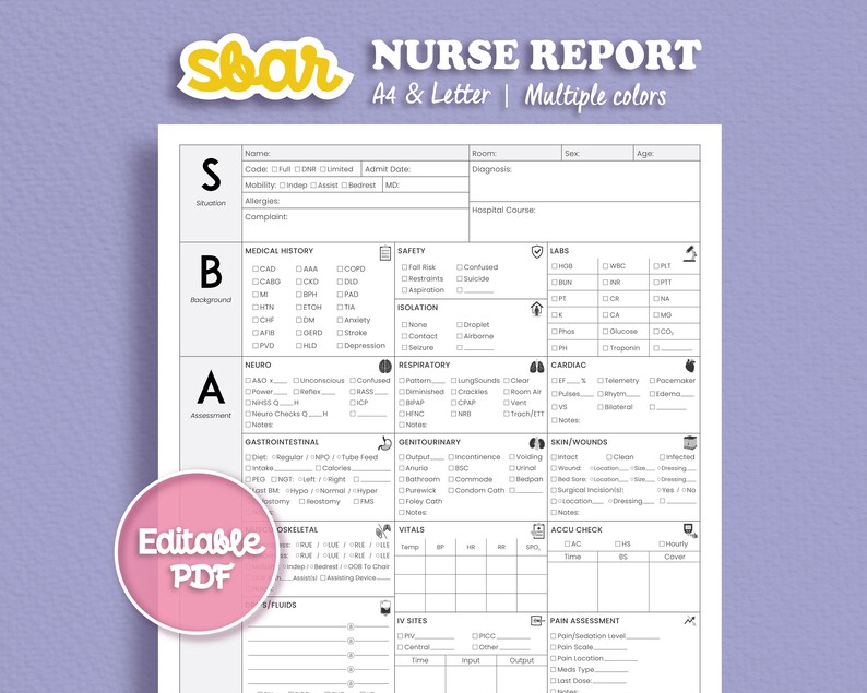 SBAR Nursing Report Sheet Med Surg Brain ICU RN Nurse Shift New Grad School Cna Report Aesthetic ...