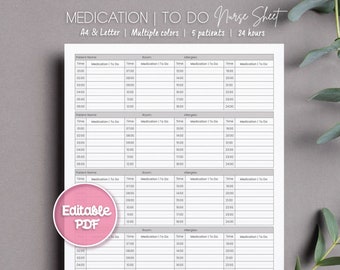 Nurse Hourly to Do, Nurse Shift Planner, 5 Patient Medication, Med Surg ...