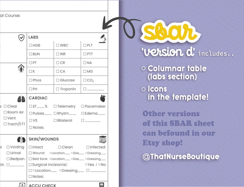 SBAR Nursing Report Sheet Med Surg Brain ICU RN Nurse Shift New Grad School Cna Report Aesthetic ...