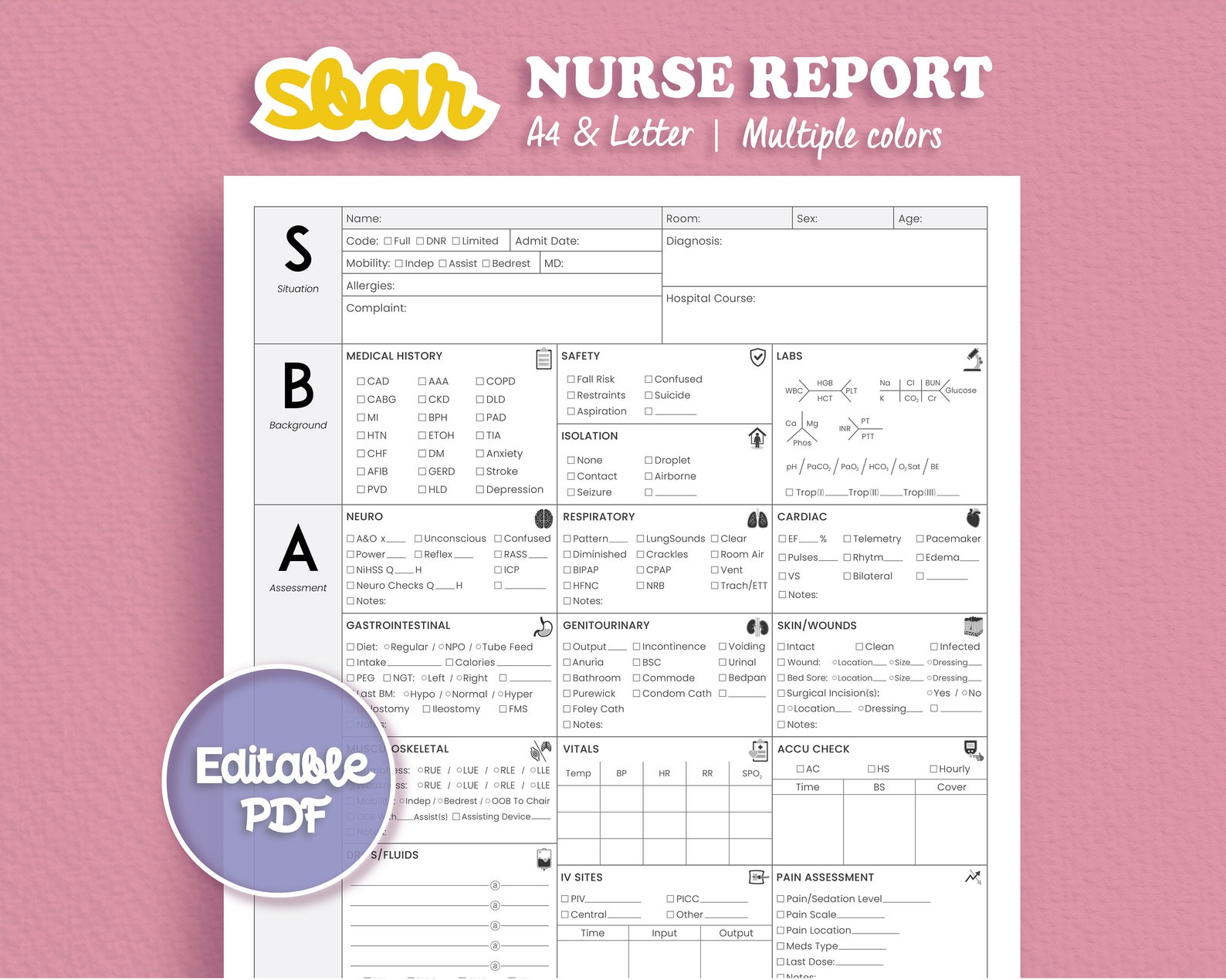 SBAR Nursing Report Sheet Med Surg Brain ICU RN Nurse Shift New Grad ...