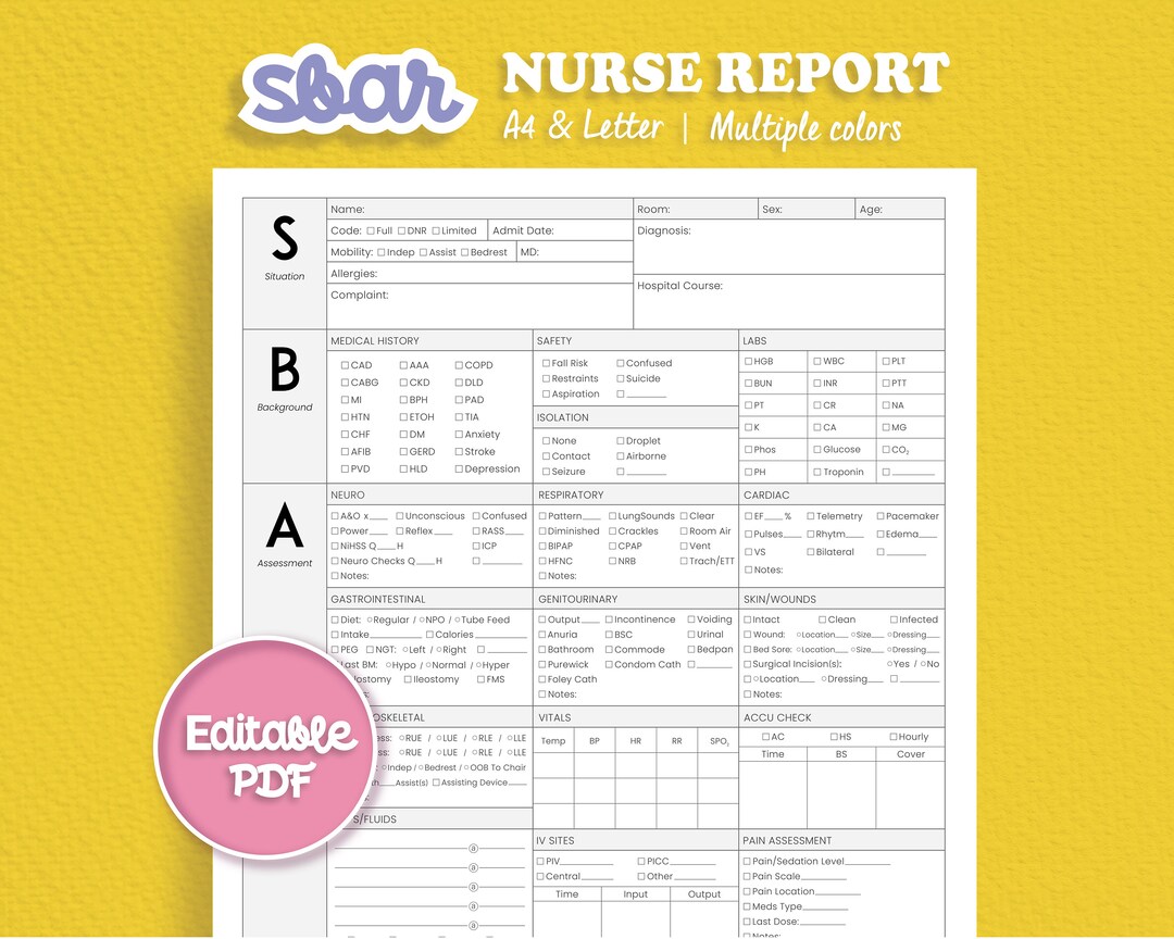 SBAR Nursing Report Sheet | Medsurg Brain ICU | RN Nurse Shift Handoff ...