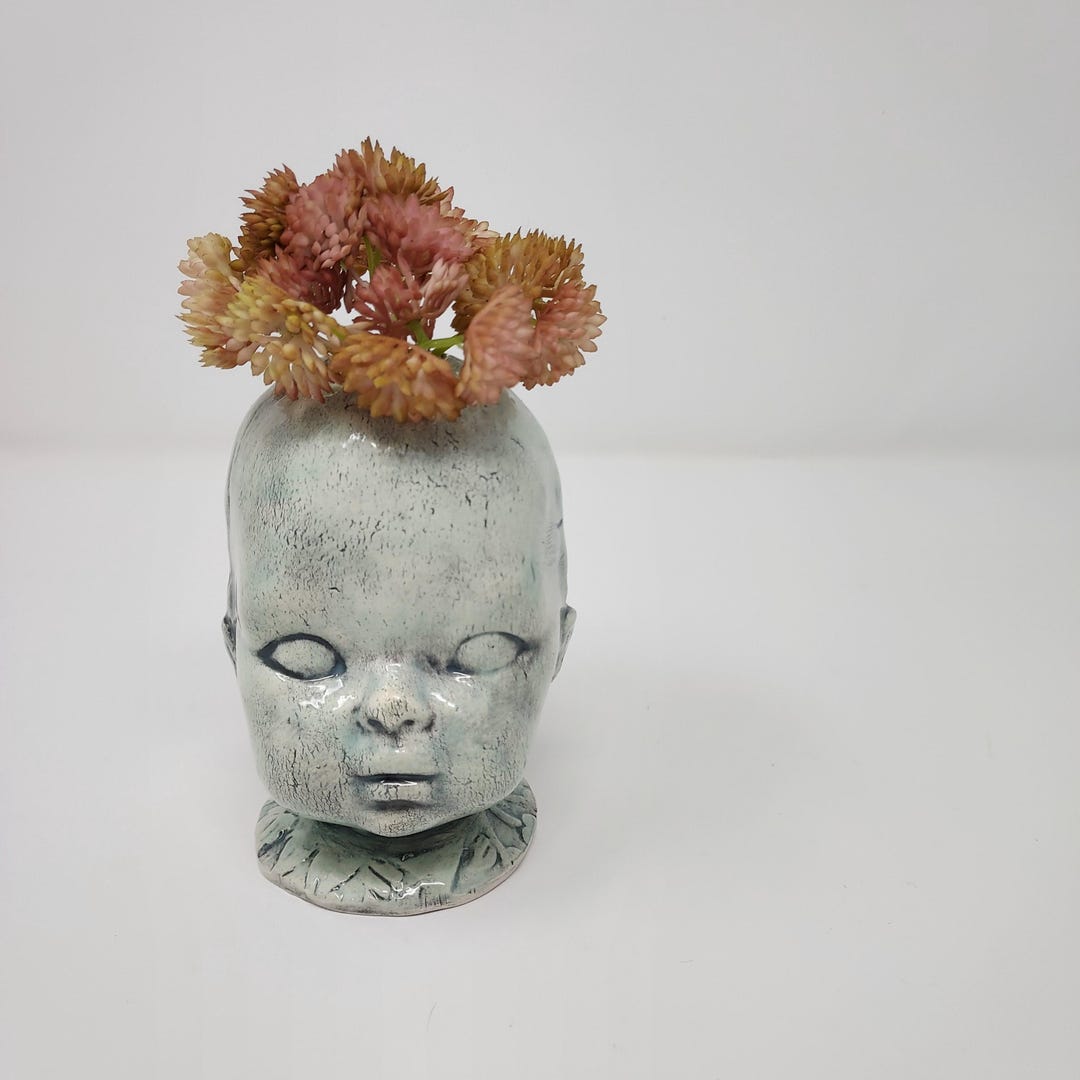 Baby Doll Head Vase in Celadon, Doll Head Vase in Light Mint, Ceramic ...