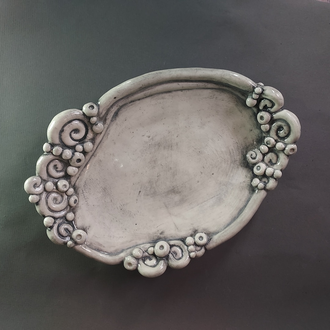 Handmade Ceramic Oval Plate: White Coil Platter, Jewelry Dish - Etsy