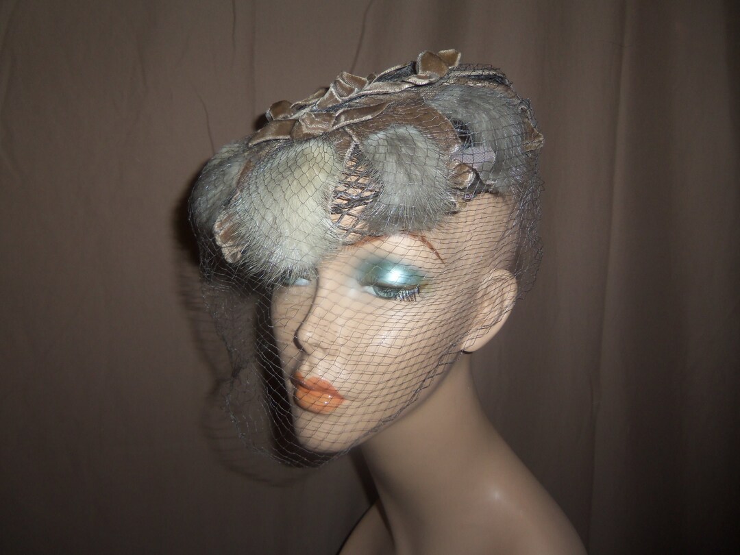 Vintage 1950s Era Veiled Glamour Beige/brown Velvet Ribbon Fur Hat, Tam ...