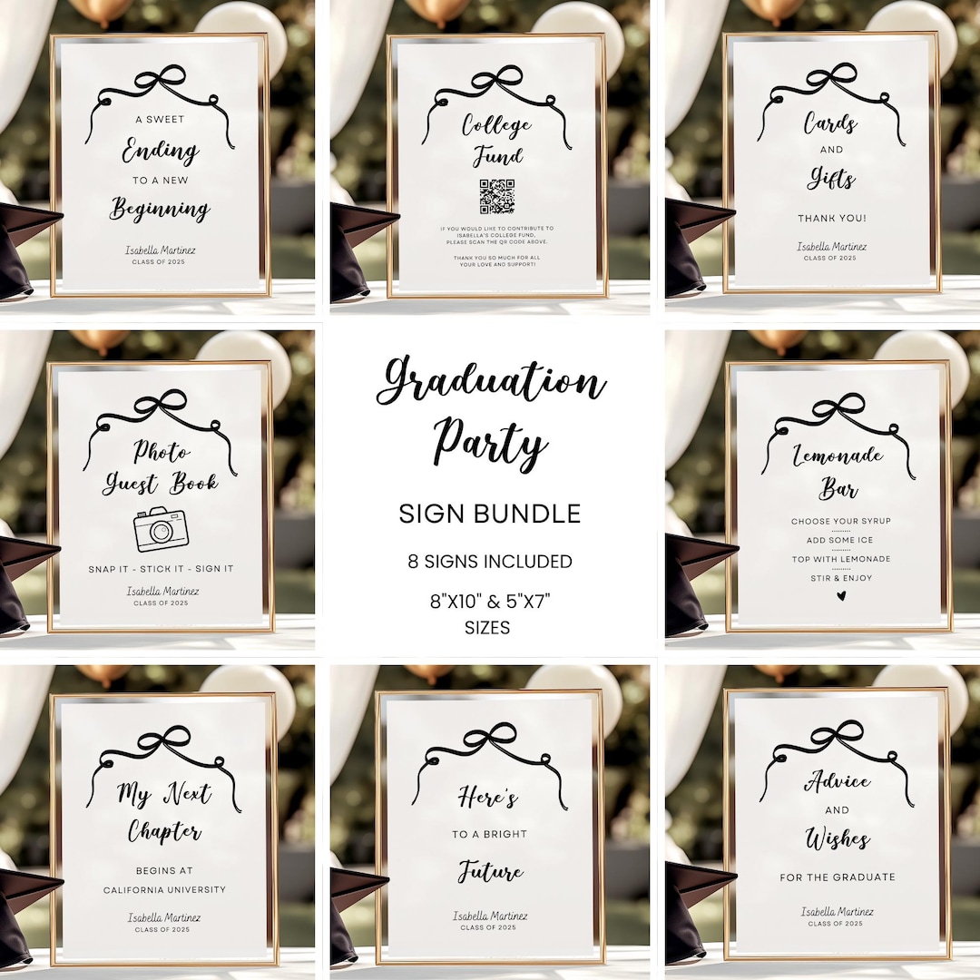 Black Bow Graduation Party Table Signs Bundle, Set of 8 Editable Canva ...