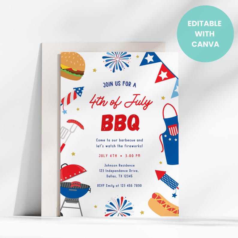 4th of July BBQ Invitation, Independence Day Barbeque Invite, Fourth of ...