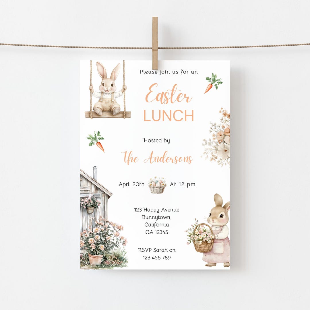 Easter Lunch Invitation, Cute Floral Bunny Easter Sunday Celebration ...