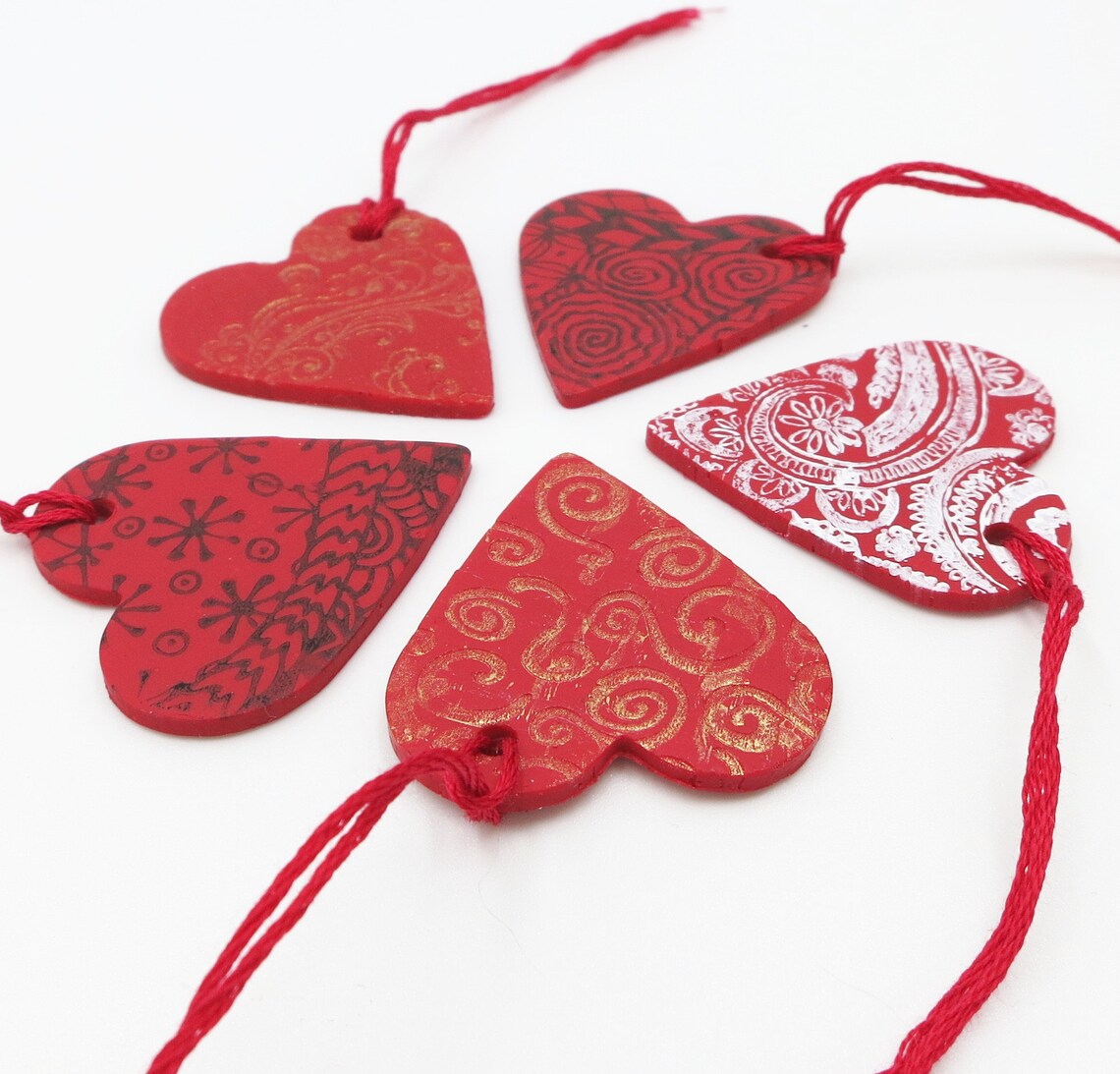 Heart Hang Tags Five Hand Embossed Red Polymer Clay Floral Paisley ...
