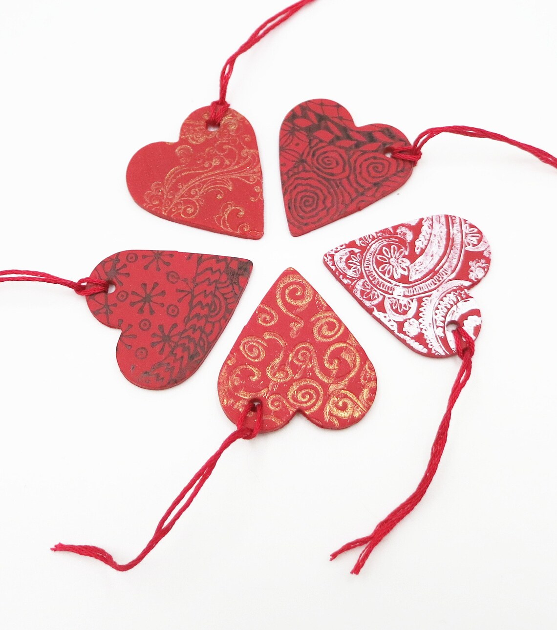 Heart Hang Tags Five Hand Embossed Red Polymer Clay Floral Paisley ...