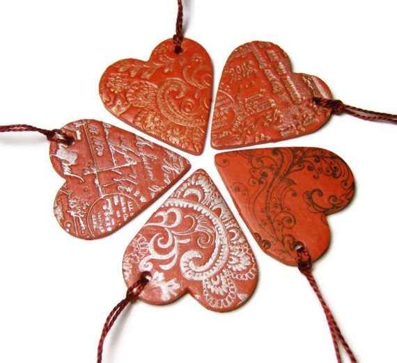 Heart Hang Tags Five Hand Embossed Red Polymer Clay Floral | Etsy