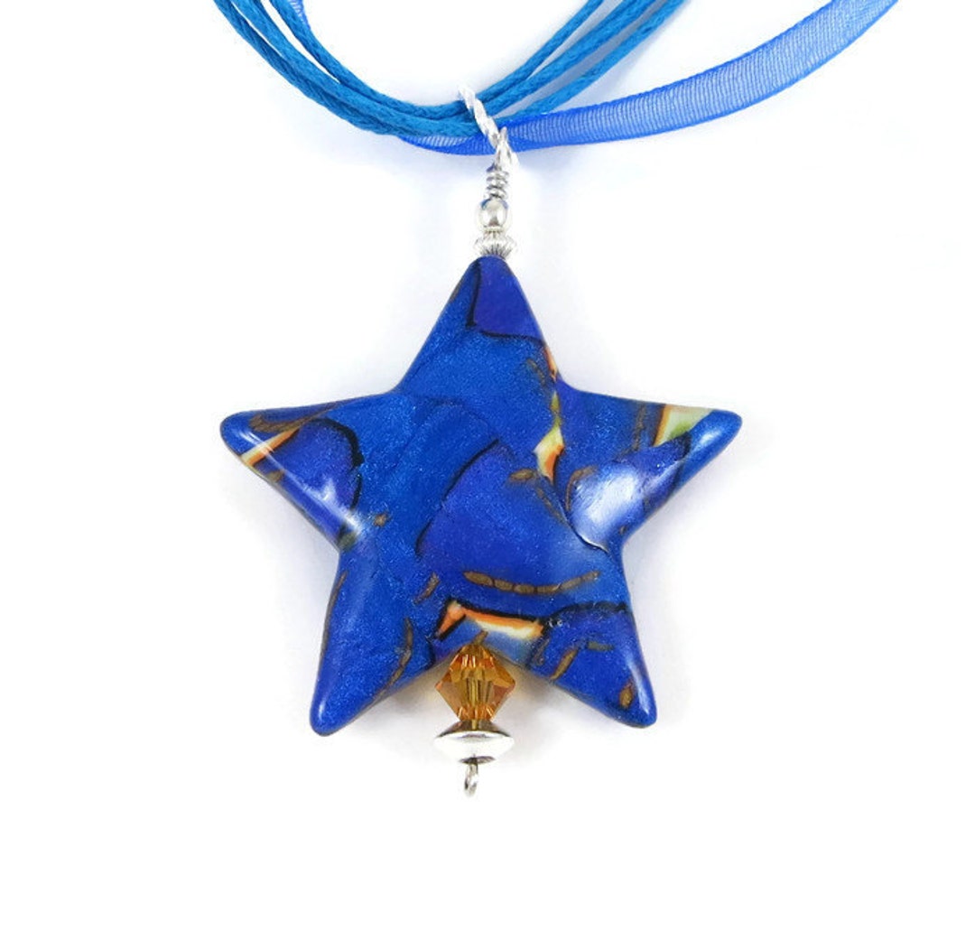 Blue Star Puffed Pendant Necklace Polymer Clay Art Jewelry Lead Crystal ...