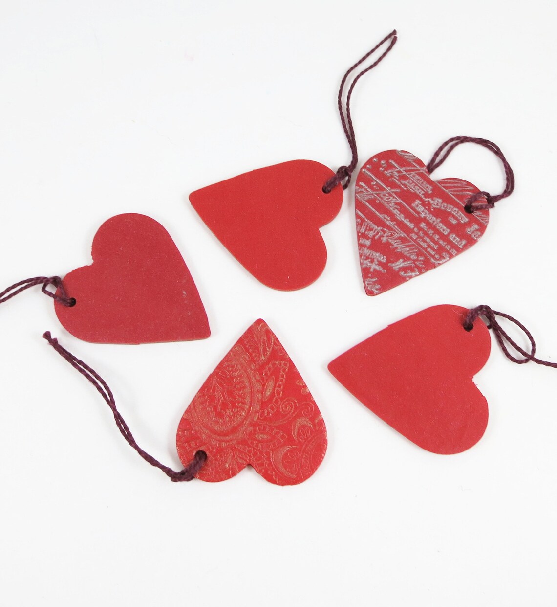 Heart Hang Tags Five Hand Embossed Red Polymer Clay Floral Paisley ...