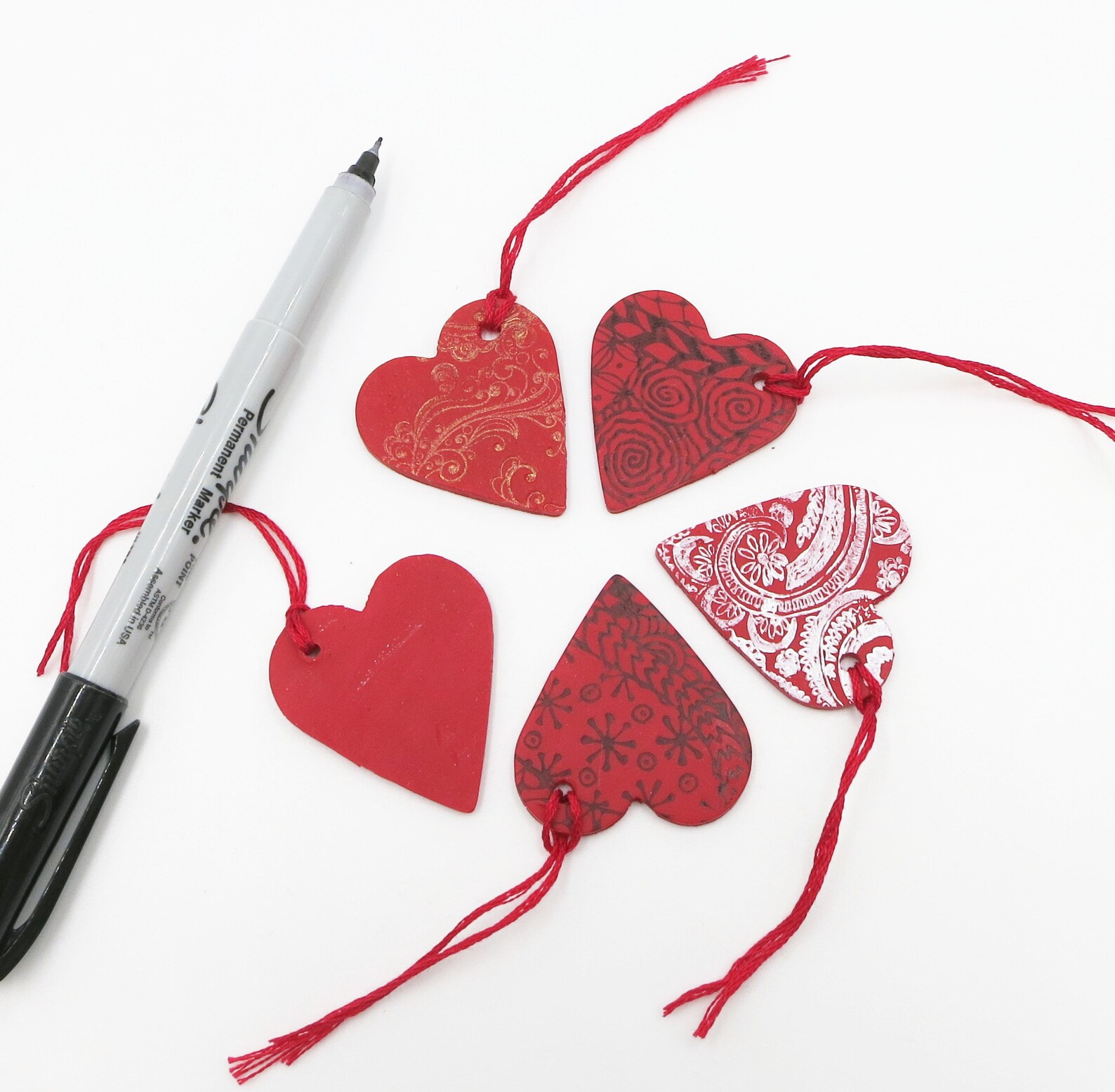 Heart Hang Tags Five Hand Embossed Red Polymer Clay Floral Paisley ...