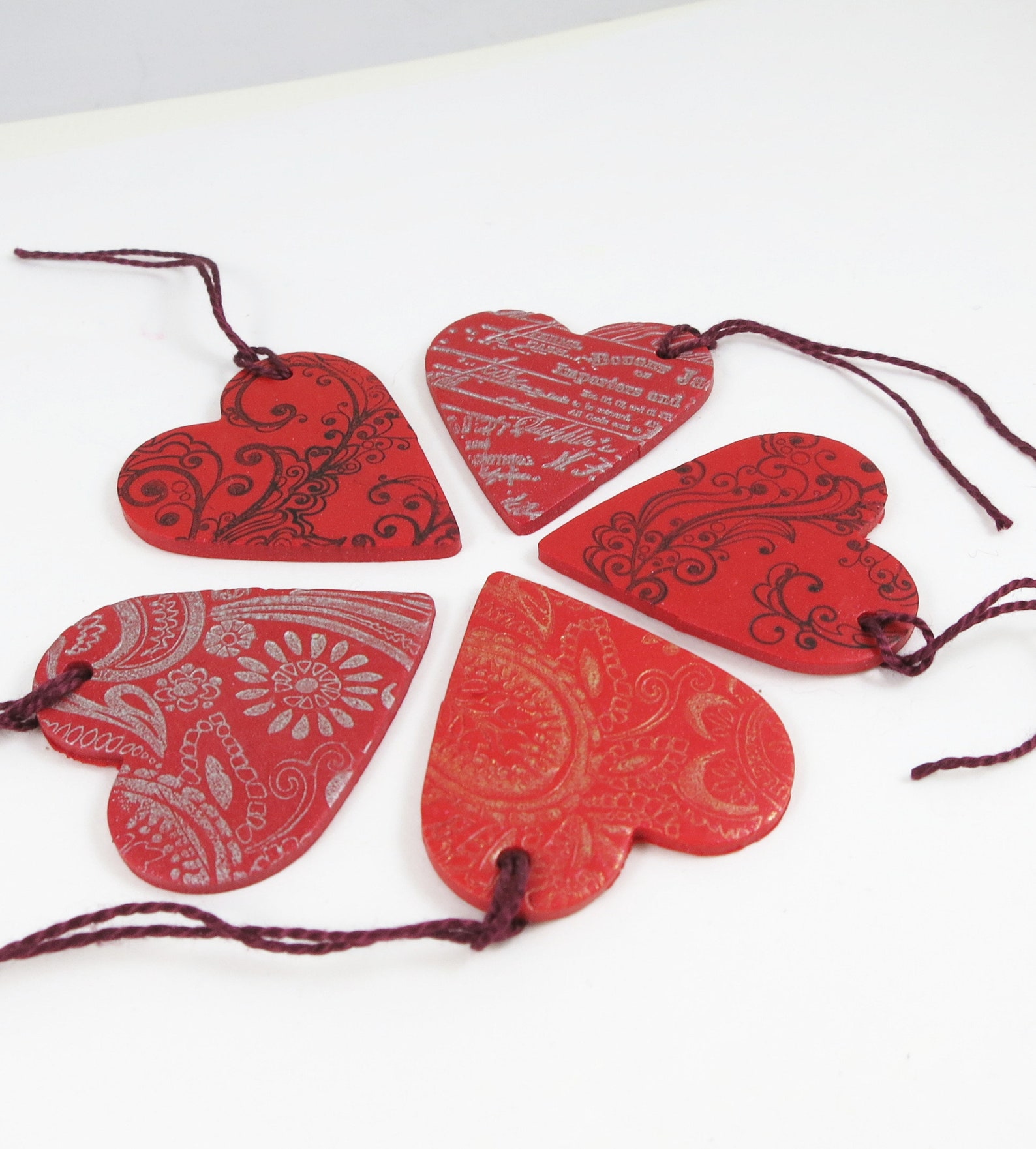 Heart Hang Tags Five Hand Embossed Red Polymer Clay Floral Paisley ...