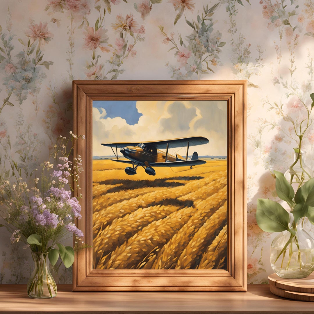 Vintage Airplane Wheat Field Print: Cottagecore Country Art (digital ...