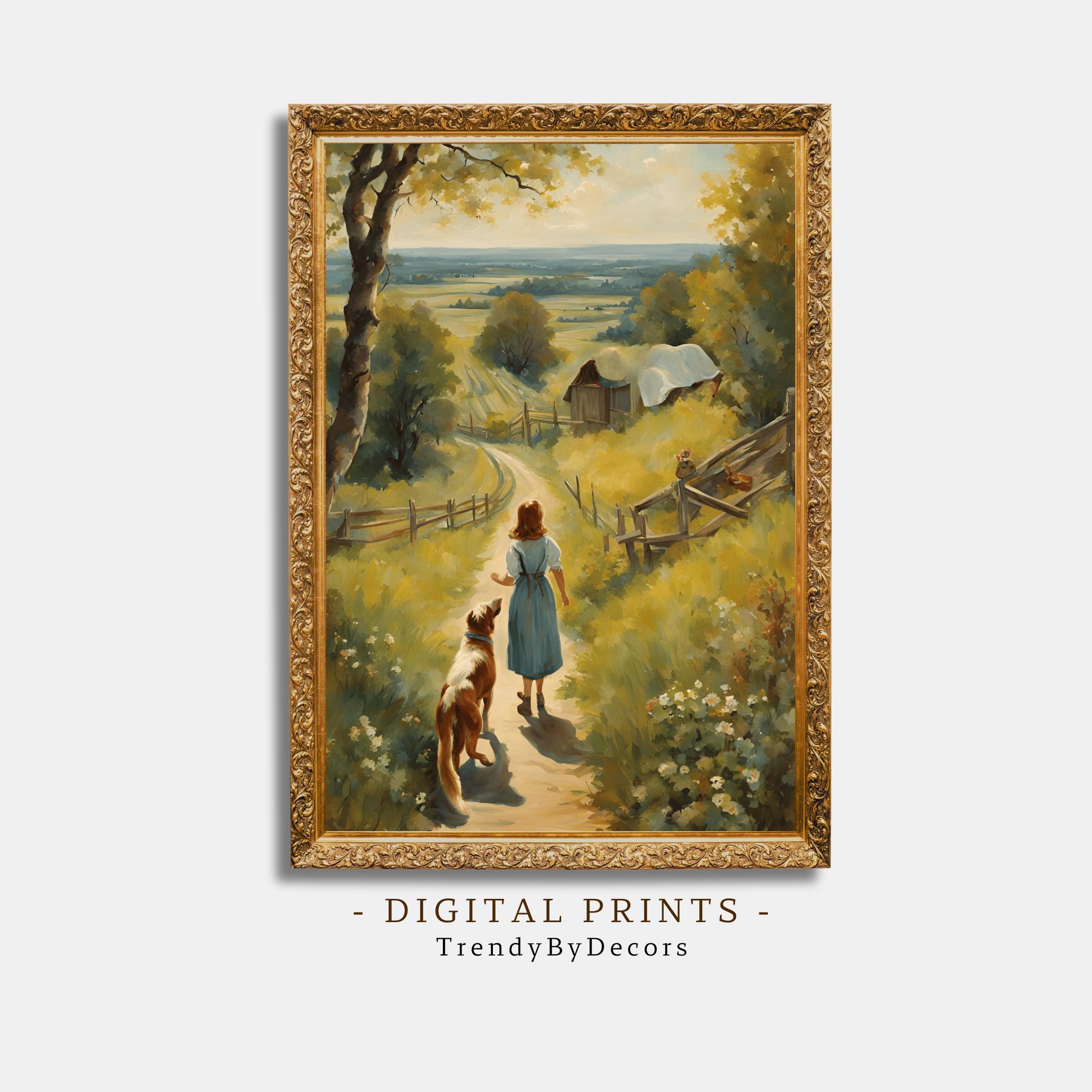 Vintage Cottagecore Wall Art - Girl Walking With Dogs, Rural Road ...