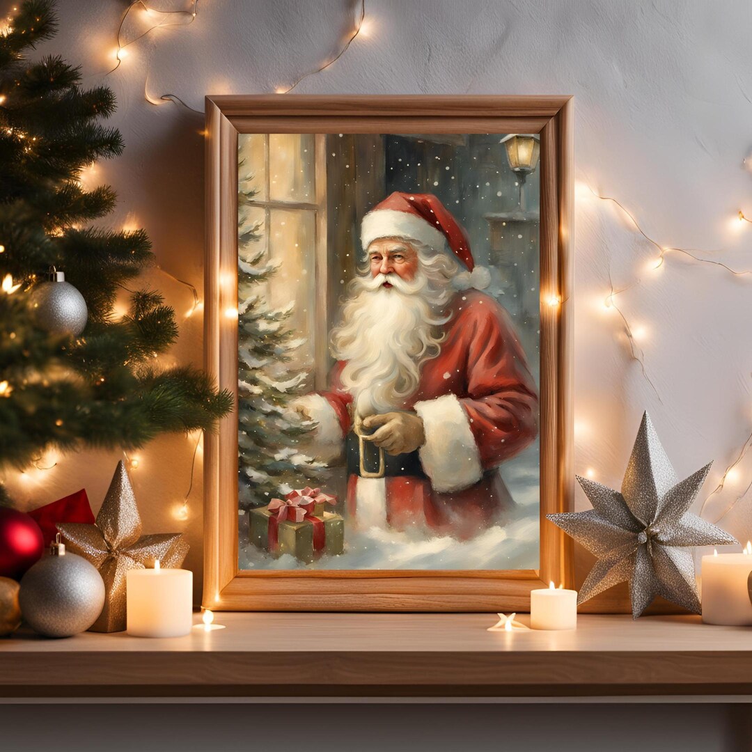Vintage Santa Decorating Tree Art | Cozy Christmas Painting (digital ...