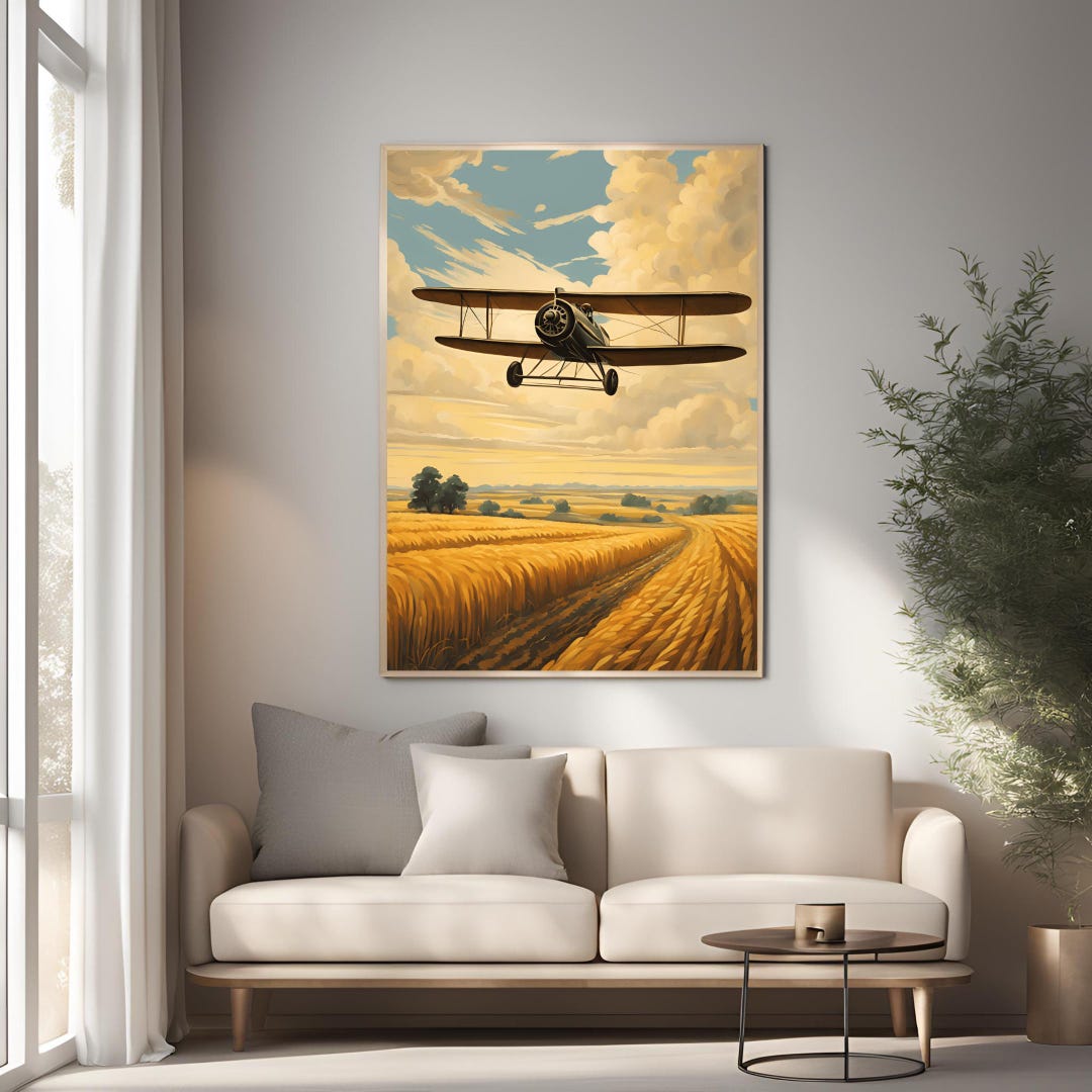 Vintage Airplane Wheat Field Print: Cottagecore Country Art (digital ...