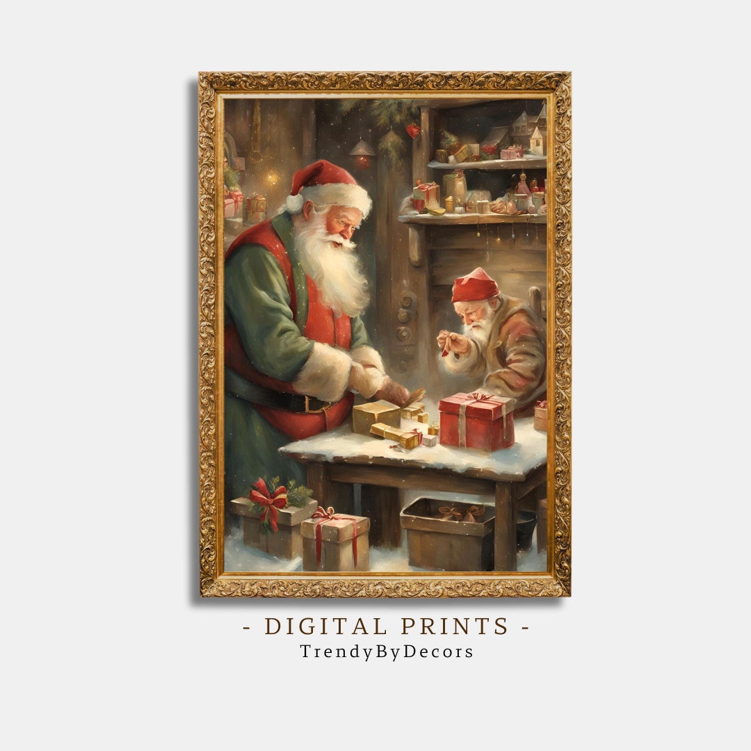 Vintage Christmas Wall Art Santa Claus in Present Factory Printable Oil ...