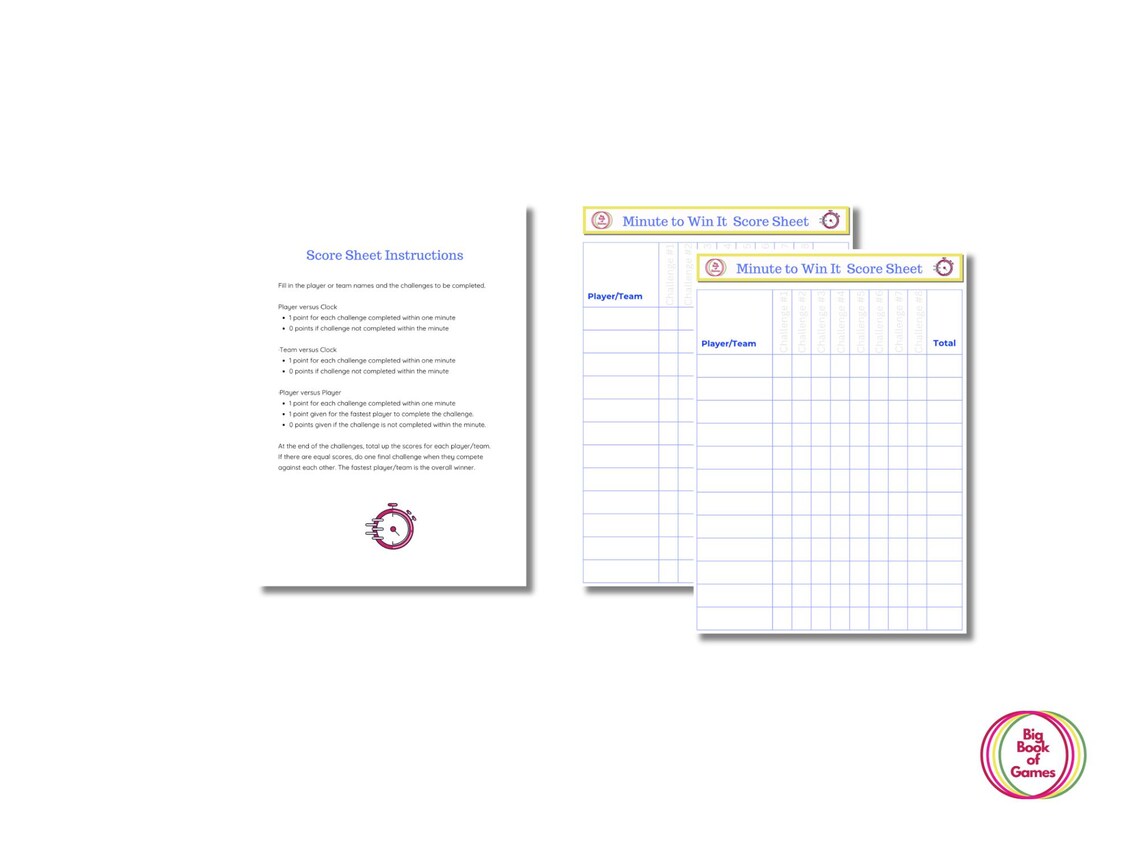 42 Printable Challenge Cards Plus Score Sheets and How to Play. Minute ...