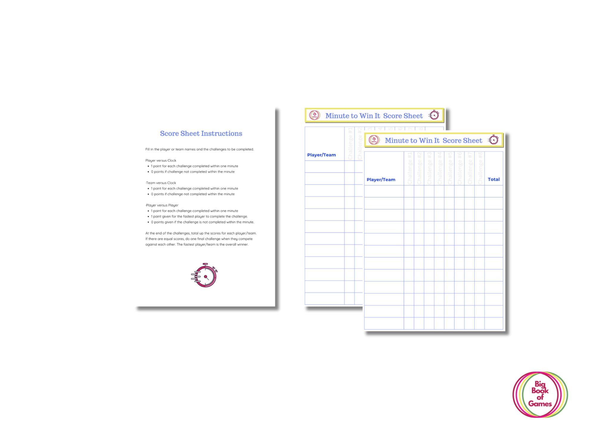 42 Printable Challenge Cards Plus Score Sheets and How to Play. Minute ...