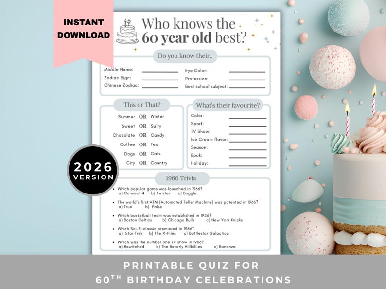 Who Knows the 60 Year Old Best? Printable Game for 60th Birthday Party ...