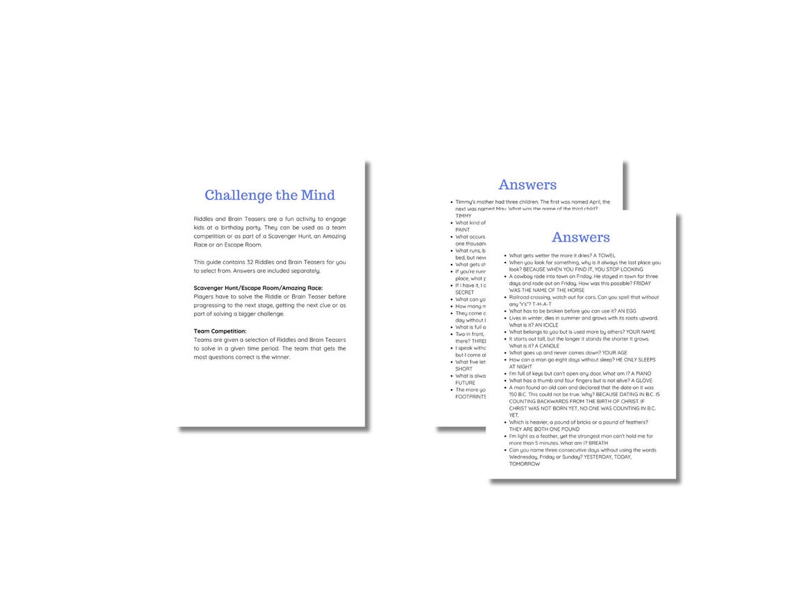 Printable Riddles & Brain Teasers: Scavenger Hunt, Escape Room Games ...