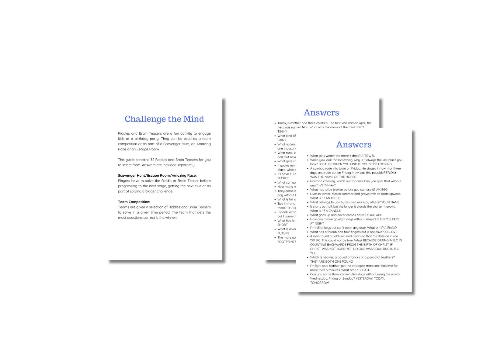 Printable Riddles & Brain Teasers: Scavenger Hunt, Escape Room Games ...