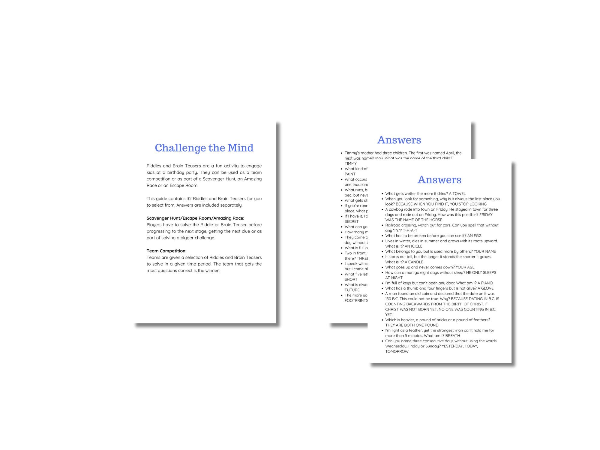 Printable Riddles & Brain Teasers: Scavenger Hunt, Escape Room Games ...